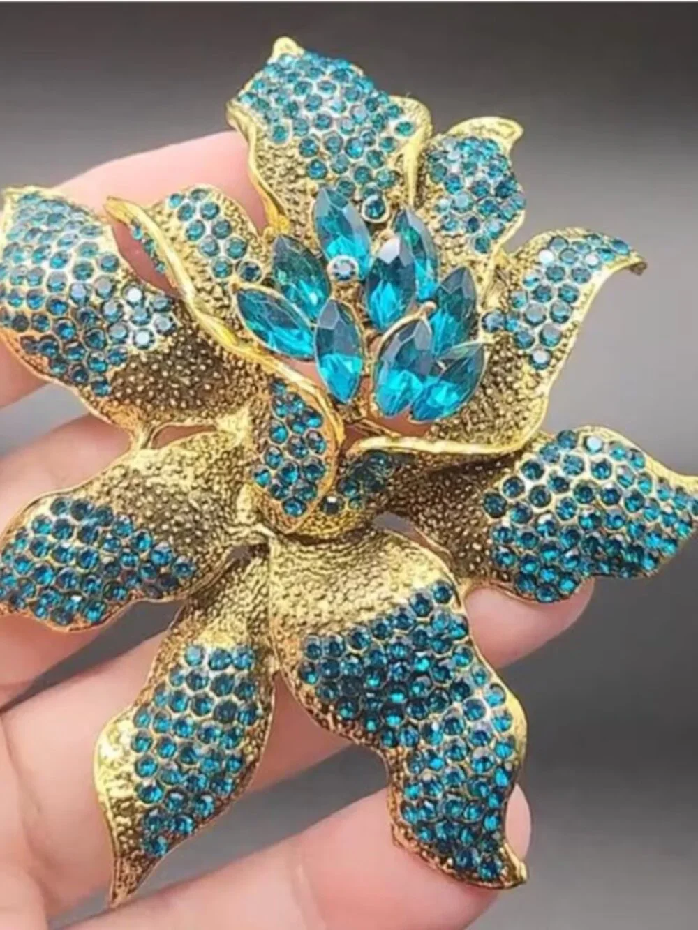 Jewelry | Orchid Flower Rhinestone Brooch Gorgeous Blue Green Color ...